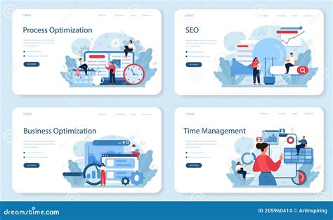 Process Optimization Web Banner Or Landing Page Set Idea Of Business Stock Vector