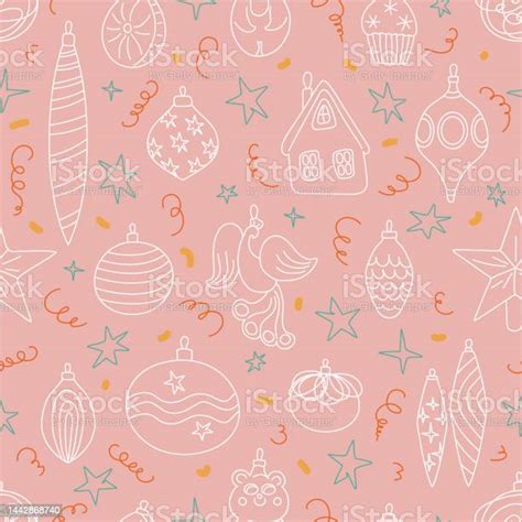 낙서 크리스마스 장식품 벡터 일러스트 레이 션과 원활한 패턴 분홍에 대한 스톡 벡터 아트 및 기타 이미지 분홍 크리스마스 패턴 Istock