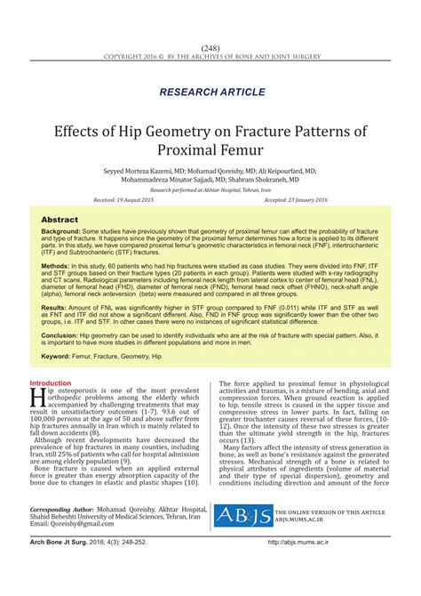 Pdf Effects Of Hip Geometry On Fracture Patterns Of Proximal Femur