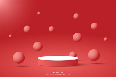추상적인 흰색 빨간색 3d 실린더 연단 받침대 또는 공중에서 공이 떠 있거나 위아래로 튀는 쇼 제품을 위한 무대 쇼케이스를 위한 라운드 3d 무대 장면 벡터 기하학적 플랫폼