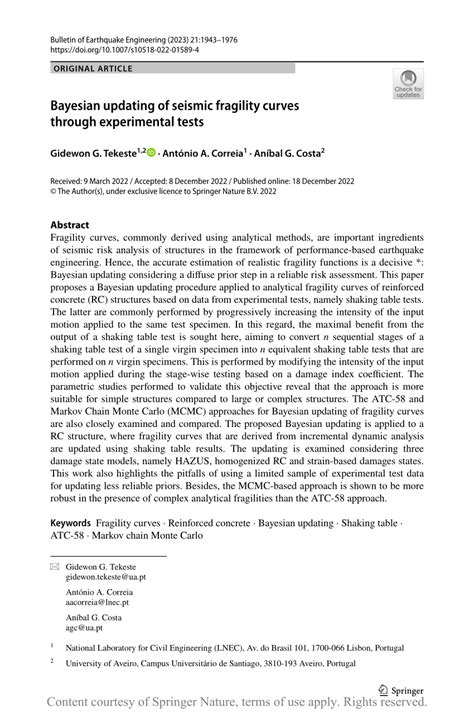 Bayesian Updating Of Seismic Fragility Curves Through Experimental