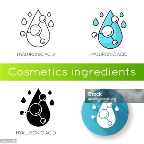 히알루론산 아이콘 수분 공급 화학 포뮬러 주름을 방지하기 위해 콜라겐 노화 방지 효과 한국 화장품 성분 리니어 블랙 및 Rgb 색상 스타일 격리된 벡터 그림 개념에 대한