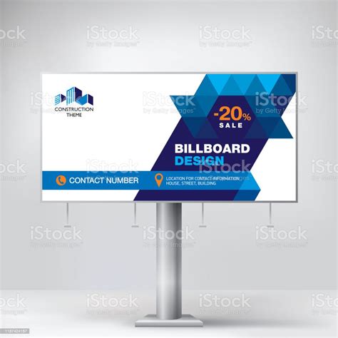 창조적 인 게시판 디자인 야외 광고 기하학적 파란색 배경 상품 및 서비스의 홍보를 위한 비즈니스 개념에 대 한 레이아웃 배너입니다 마케팅에 대한 스톡 벡터 아트 및 기타