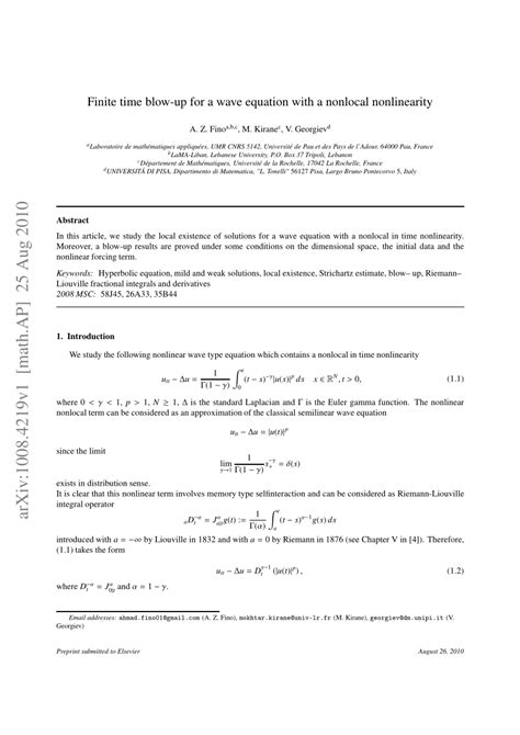 Pdf Finite Time Blow Up For A Wave Equation With A Nonlocal Nonlinearity