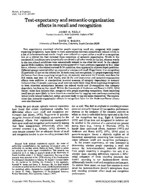 Pdf Test Expectancy And Semantic Organization Effects In Recall And