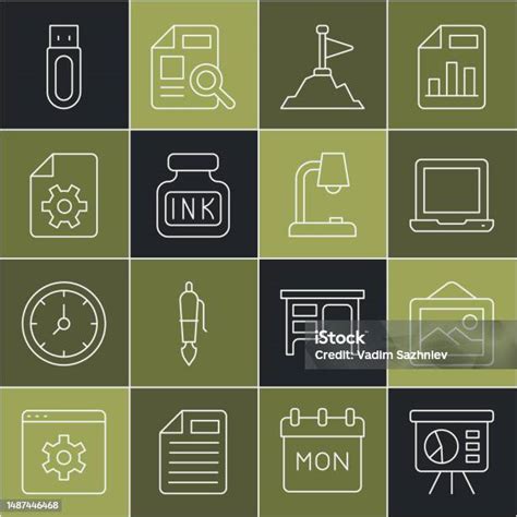 그래프 그림 풍경 노트북 산 플래그 켜기 잉크병 문서 설정 Usb 플래시 드라이브 및 테이블 램프 아이콘이 있는 라인 보드를