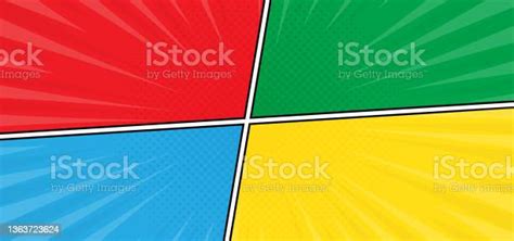 화려한 줄무늬와 배경 빨간색 녹색 노란색 및 파란색으로 만화 스타일 벡터 일러스트레이션 0명에 대한 스톡 벡터 아트 및 기타 이미지 Istock