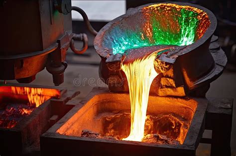Metal Casting Process In Progress With Molten Metal Being Poured Into