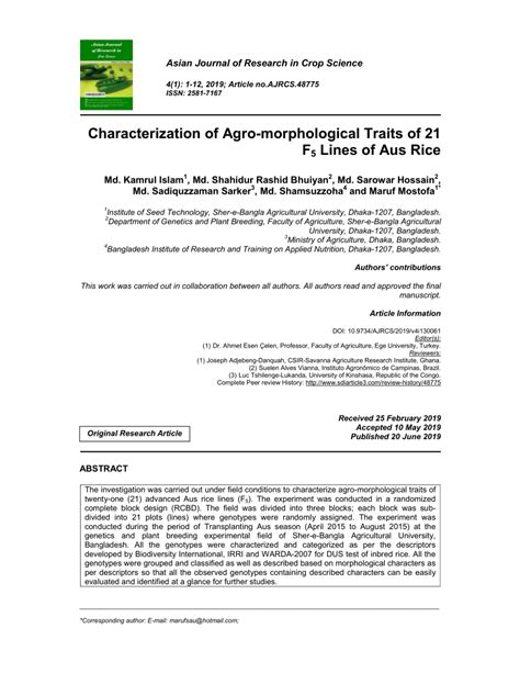 Pdf Characterization Of Agro Morphological Traits Of 21 F5 Lines Of