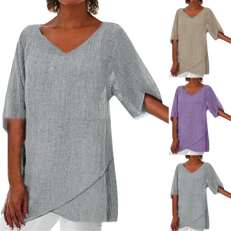 Cflvaek Cotton Linen Tshirts For Women Plus Size V Neck Long Shirts Casual Short Sleeve Summer