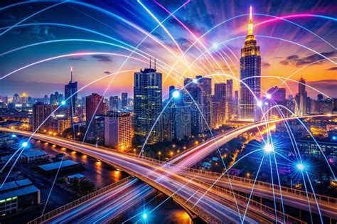 Abstract Long Exposure Cityscape Visualizing The Flow Of Global Data Networks And Connections