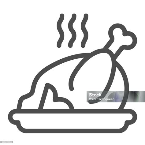 프라이드 치킨 요리 라인 아이콘 요리 요리 개념 벡터 그래픽입니다 흰색 배경에 접시 기호에 뜨거운 칠면조 모바일 또는 웹 디자인을위한 개요 스타일 아이콘 가금류에 대한 스톡