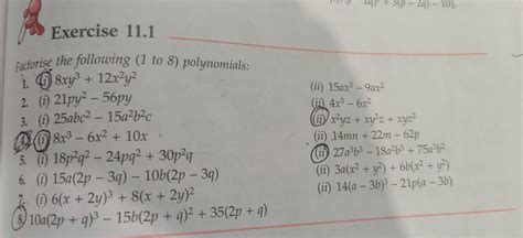 Exercise 11 1 Factorise The Following 1 To 8 Polynomials Ii 8 X Y