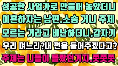 카카오실화사연 성공한 사업가로 만들어 놓았더니이혼하자는 남편소송 거니 주제모르는 거라고 비난하더니갑자기우리 며느리내 편을
