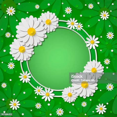 아름 다운 벡터 밝은 녹색 배경에 Chamomiles 잘라 3d 종이 프레임 라운드 0명에 대한 스톡 벡터 아트 및 기타 이미지 0명 3차원 형태 개화기 Istock