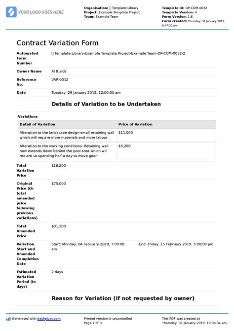 Building Contract Variation Template Free And Editable Form