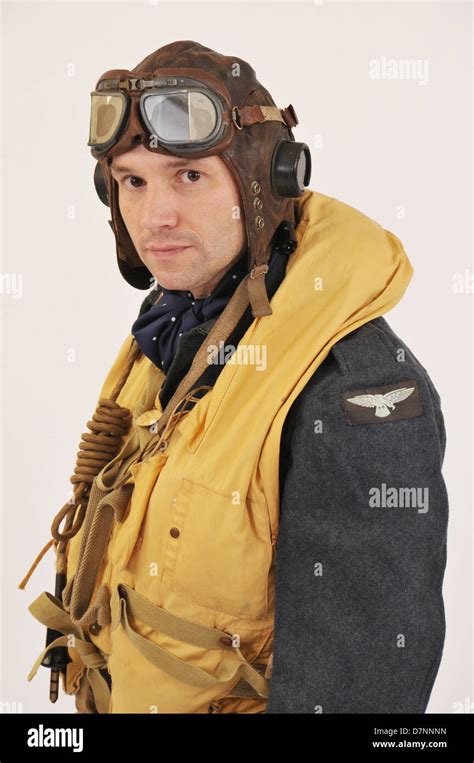 Ww2 Raf Pilotcrew Member Wearing Flying Helmet And Mae West Life