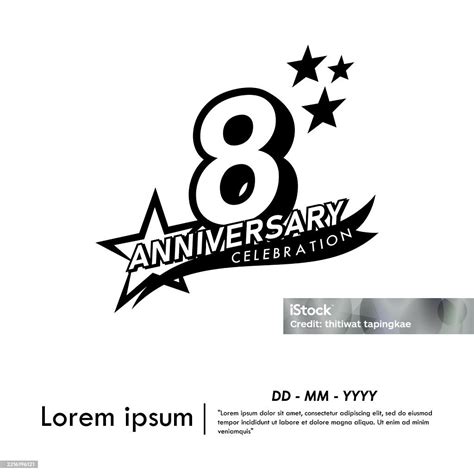 창립 8주년 기념 엠블럼 검은 기념일 로고는 흰색 배경에 리본과 별과 함께 격리되어 있습니다 웹 전단지 포스터 인사말 카드에 대한 벡터 일러스트 레이 션 템플릿 디자인 8에