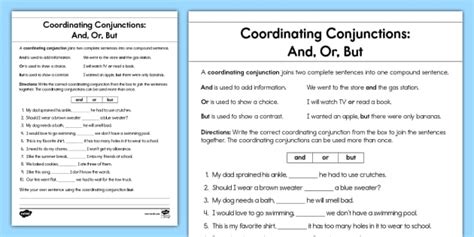 2nd Grade Coordinating Conjunctions Worksheet And Or But