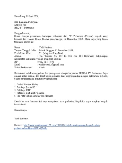 Surat Lamaran Kerja Spbu Koleksi Gambar