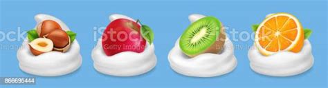 과일 요구르트에 견과류입니다 헤이즐넛 키 위 빨간 사과 오렌지 현실적인 벡터 아이콘 크림 유가공 식품에 대한 스톡 벡터 아트 및 기타 이미지 크림 유가공 식품 과일