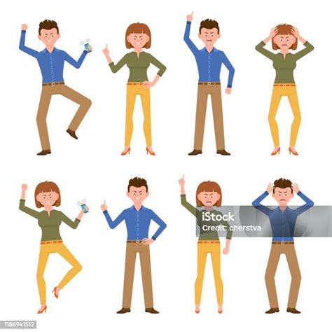 화가 스트레스 필사적 불행한 파란색 셔츠 남자와 노란색 바지 여자 벡터 일러스트 소리 손가락을 가리키는 흰색에 설정 전화 소년과 소녀 만화 캐릭터에 이야기 가공의 인물에