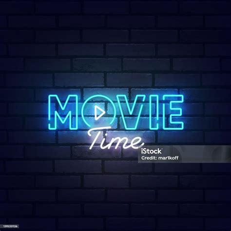 영화 네온 사인 밝은 간판 밝은 배너 영화 시간 로고 네온 엠블럼 벡터 일러스트 레이 션 3차원 형태에 대한 스톡 벡터 아트 및 기타 이미지 Istock