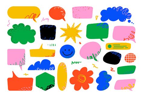 다양한 질감의 연설과 다양한 모양의 생각 거품의 다채로운 콜라주로 의사 소통 아이디어 및 창의성을 상징합니다 대화 풍선 문자 기호에 대한 스톡 벡터 아트 및 기타 이미지