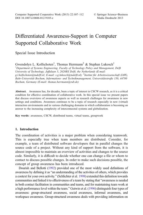 Pdf Differentiated Awareness Support In Computer Supported Collaborative Work Special Issue