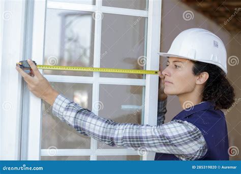 Woman Measuring Window Frame Stock Photo Image Of Improvement Pencil