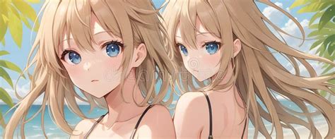 2 Young Blondes With Blue Eyes In Bikinis On The Beach Anime Manga Hentai Stock Illustration