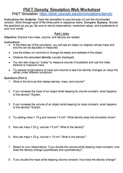 Phet Density Simulation Web Worksheet By Creative Biology With Macy G