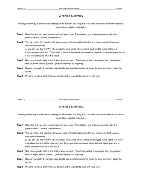 Writing A Summary Skills Sheet