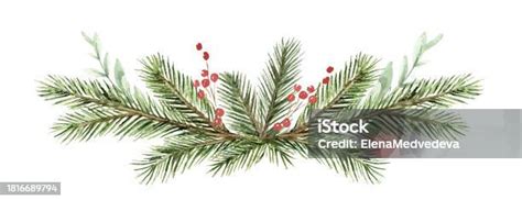 수채화 벡터 겨울 녹지 화 환 그림입니다 크리스마스 테두리 크리스마스 카드 템플릿 초대장 장식 벽지 손으로 그린 소나무 가지 빨간 열매 갈란드 장식품에 대한 스톡 벡터 아트