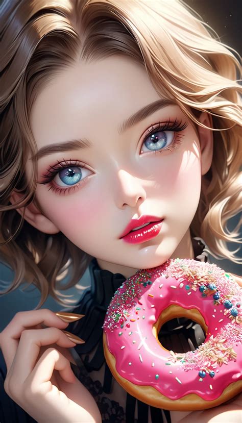 Stylish Girl Is Eating A Doughnut Beautiful Eyes In Every Detail