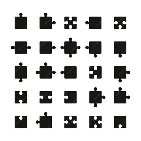 퍼즐 조각 논리 팀워크 게임을 위한 검은색 직소 부품 빈 타일 연결 요소 일치 재미있는 장난감 템플릿 플랫 스타일 벡터 세트 프리미엄 벡터