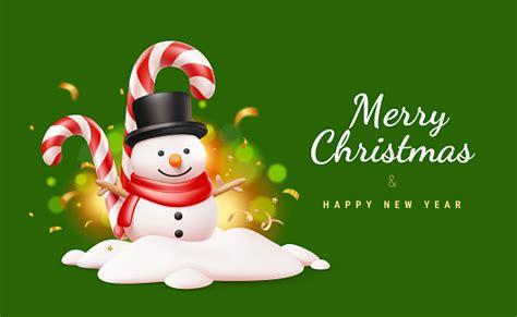 황금 색종이 조각과 가벼운 Bokeh와 함께 녹색 배경에 사탕 지팡이 눈사람과 눈사람의 벡터 크리스마스 그림 3d 만화 스타일 겨울 휴가 디자인 눈사람과 사탕 지팡이 텍스트