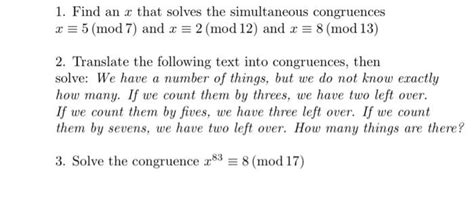 Solved 1 Find An X That Solves The Simultaneous Congruences