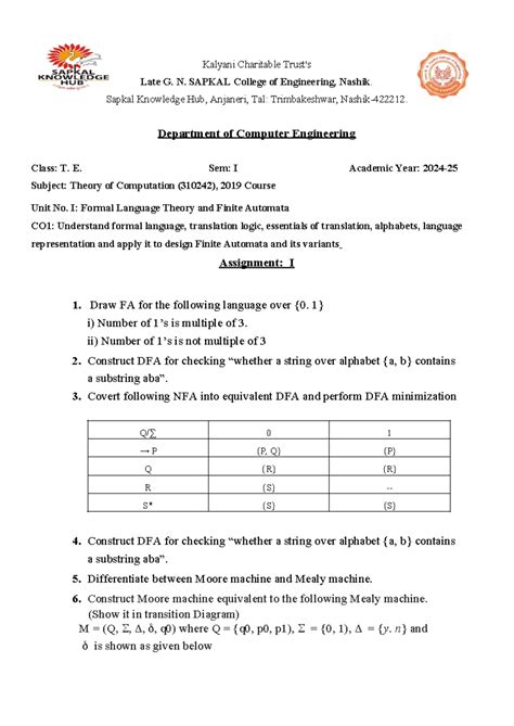 TE TOC Assignment No Kalyani Charitable Trust S Late G N SAPKAL College Of Engineering