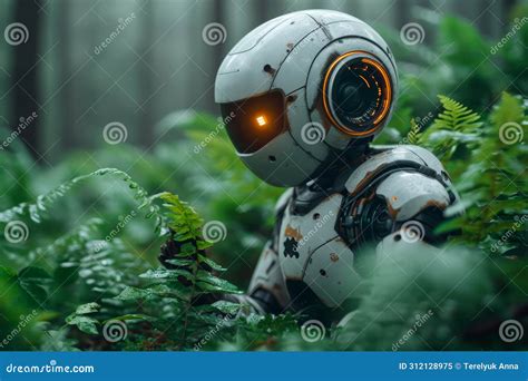 Robot Exploring The Forest Robot Looking At The Green Sprout Stock Image Image Of Character