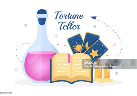 포춘 텔러 템플릿 손으로 그린 만화 플랫 일러스트 레이 션 크리스탈 볼 마법 책 또는 운명을 예측하고 미래 개념을 말하기위한 카드 결정체에 대한 스톡 벡터 아트 및 기타