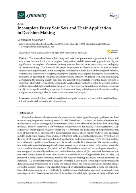 Pdf Incomplete Fuzzy Soft Sets And Their Application To Decision Making