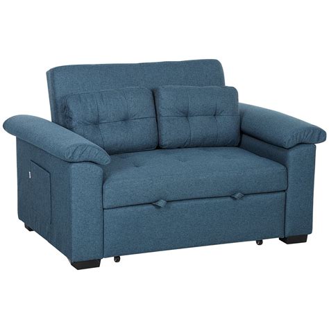 Homcom 2 Seater Convertible Sofa Bed With Pillows Blue