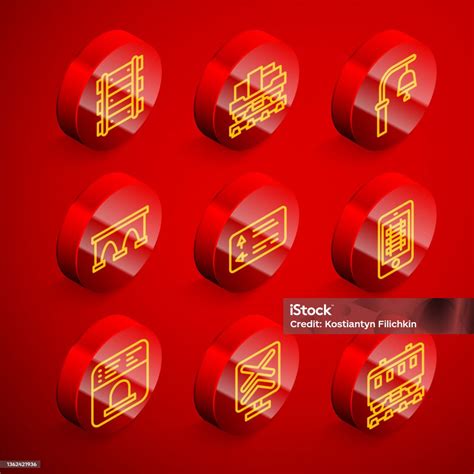 세트 라인 철도 철도 트랙 화물 열차 마차 기차역 종 다리 도로 교통 표지판 온라인으로 티켓 구매 티켓 및 철도 횡단 아이콘을 구입하는 티켓 사무실 벡터 3차원 형태에 대한