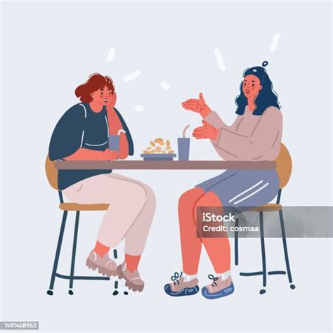카페에서 이야기하는 두 명의 웃는 학생의 벡터 삽화 두 친구는 함께 여자 2명에 대한 스톡 벡터 아트 및 기타 이미지 2명 갈색 머리 마시기 Istock