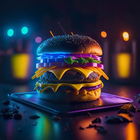 Premium Ai Image A Hamburger With A Purple Band On It Is Lit Up With