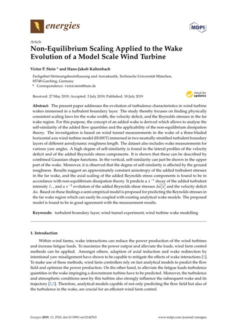 Pdf Non Equilibrium Scaling Applied To The Wake Evolution Of A Model Scale Wind Turbine