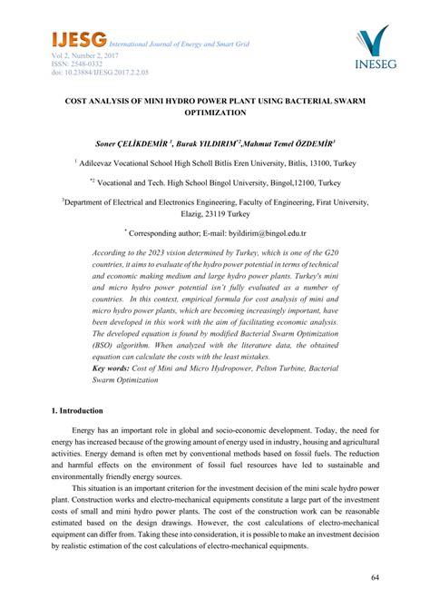 Pdf Cost Analysis Of Mini Hydro Power Plant Using Bacterial Swarm Optimization