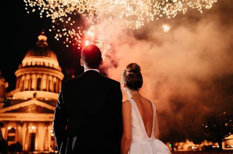 Premium Photo Back View Of Lovely Married Couple Stand Backs To Camera Admire Beautiful