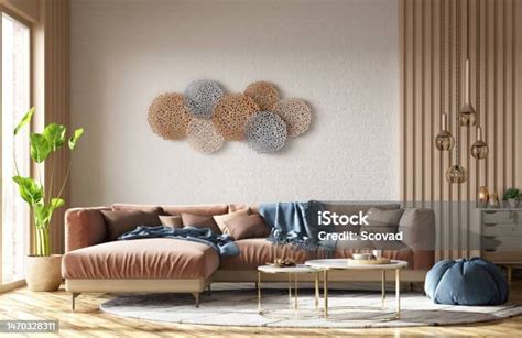 아파트의 현대적인 인테리어 디자인 벽돌 벽 위에 테라코타 소파가 있는 거실 홈 인테리어 3d 렌더링 모던 양식에 대한 스톡 사진 및 기타 이미지 Istock